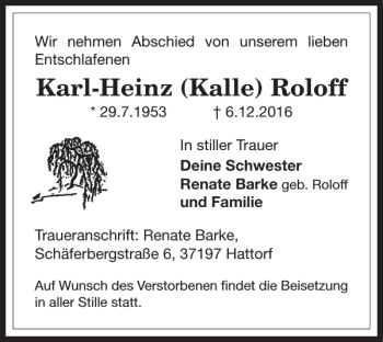 Traueranzeigen von Karl-Heinz Kalle Roloff | Harztrauer.de