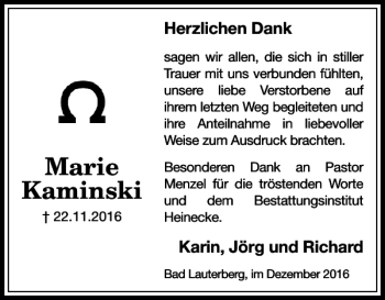 Traueranzeigen von Marie Kaminski | Harztrauer.de
