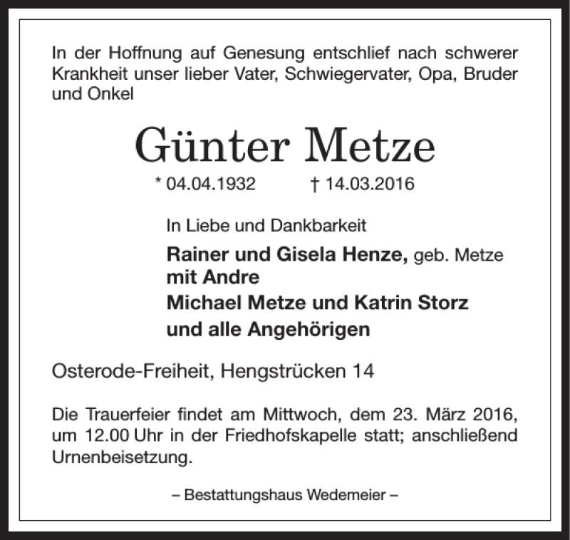 Traueranzeigen von Günter Metze | Harztrauer.de