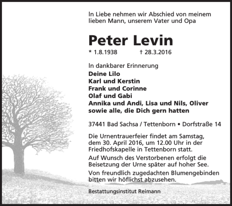 Traueranzeigen von Peter Levin | Harztrauer.de