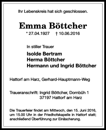 Traueranzeigen von Emma Böttcher | Harztrauer.de