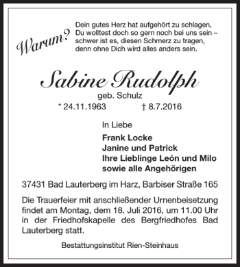 Traueranzeigen von Sabine Rudolph | Harztrauer.de