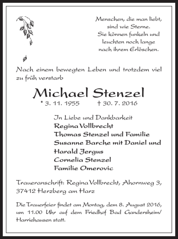 Traueranzeigen von Michael Stenzel | Harztrauer.de