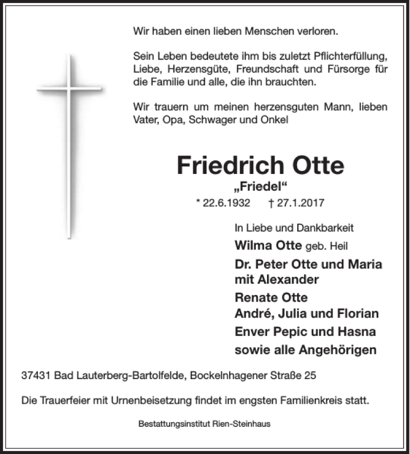 Traueranzeigen von Friedrich Otte | Harztrauer.de