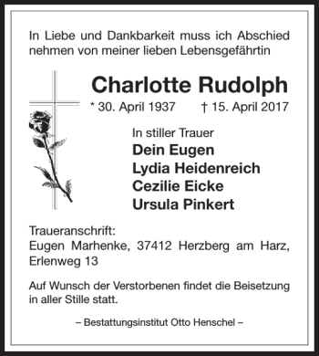 Traueranzeigen von Charlotte Rudolph | Harztrauer.de