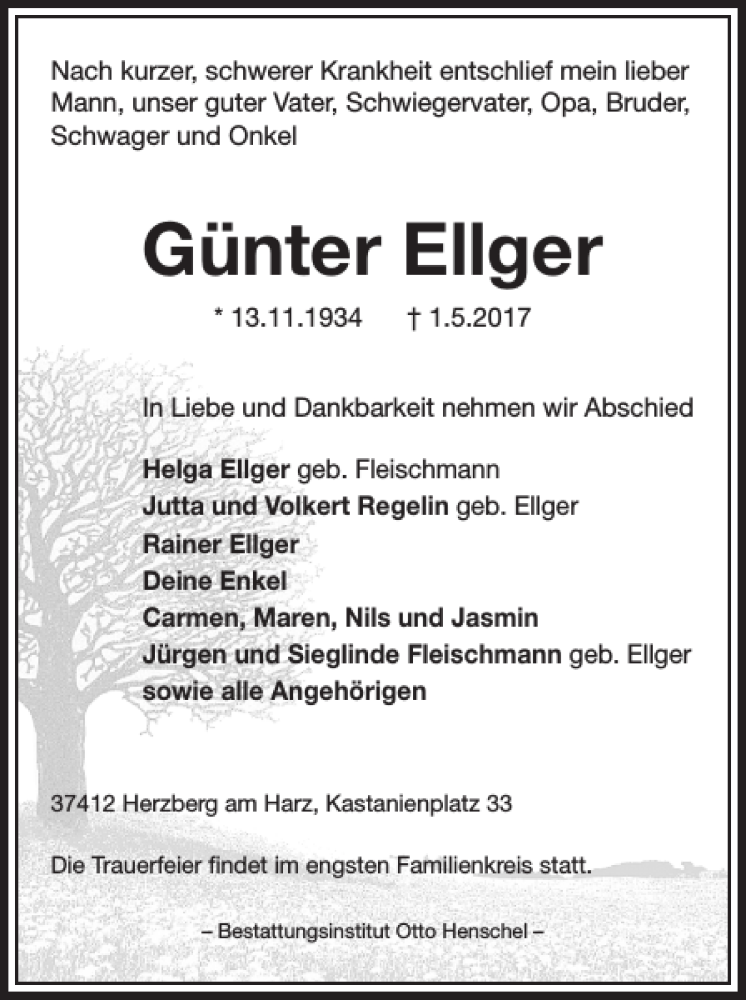 Traueranzeigen von Günter Ellger | Harztrauer.de
