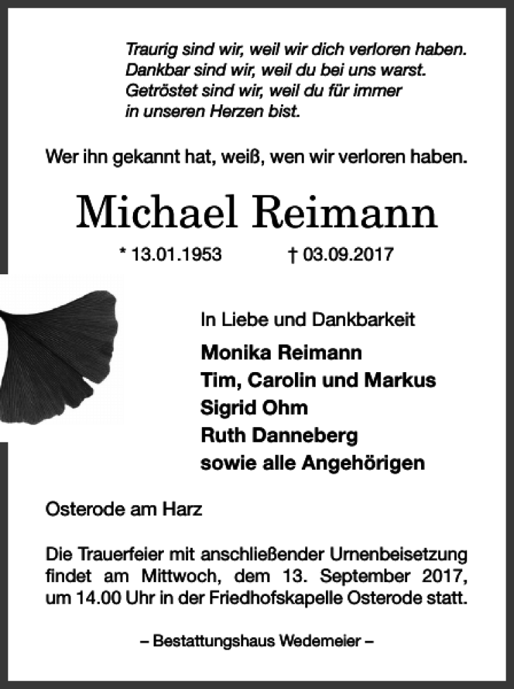Traueranzeigen von Michael Reimann | Harztrauer.de