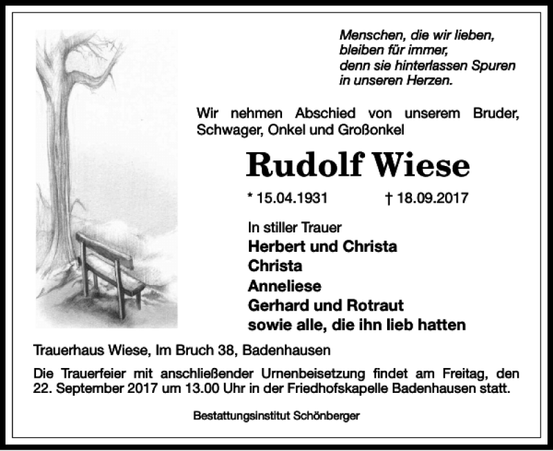 Traueranzeigen von Rudolf Wiese | Harztrauer.de