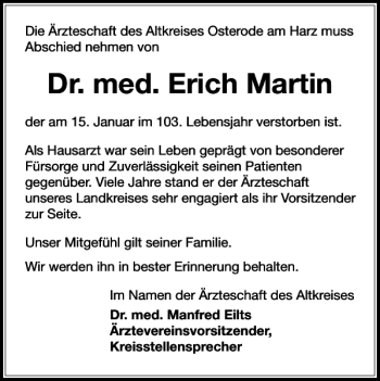 Traueranzeigen von Dr. med. Erich Martin | Harztrauer.de