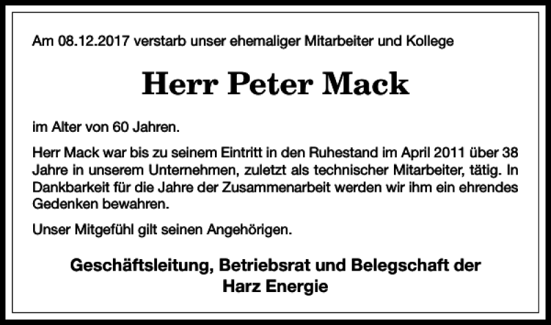 Traueranzeigen von Peter Mack | Harztrauer.de