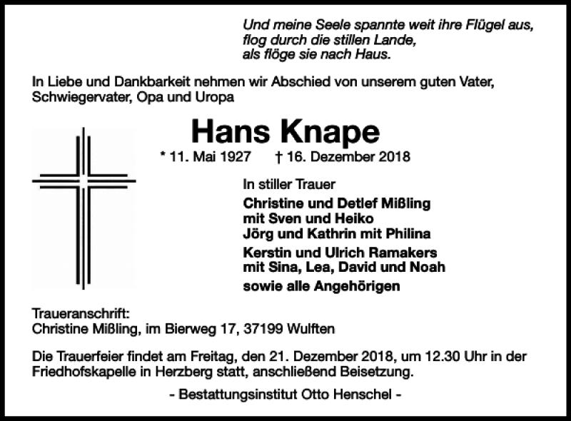 Traueranzeigen von Hans Knape | Harztrauer.de