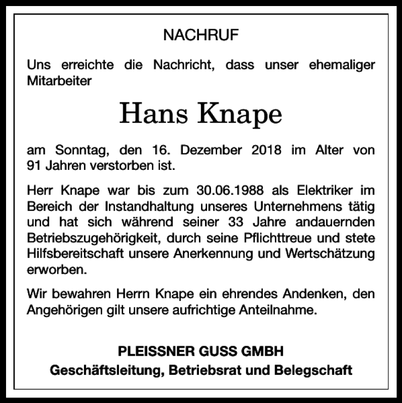 Traueranzeigen von Hans Knape | Harztrauer.de