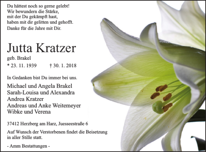 Traueranzeigen von Jutta Kratzer | Harztrauer.de