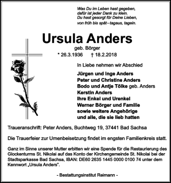 Traueranzeigen von Ursula Anders | Harztrauer.de