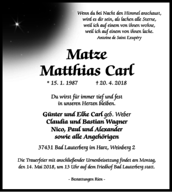 Traueranzeigen von Matze Matthias Carl | Harztrauer.de