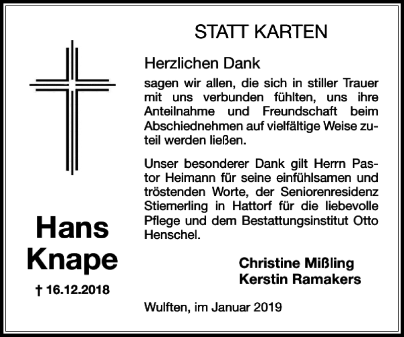 Traueranzeigen von Hans Knape | Harztrauer.de
