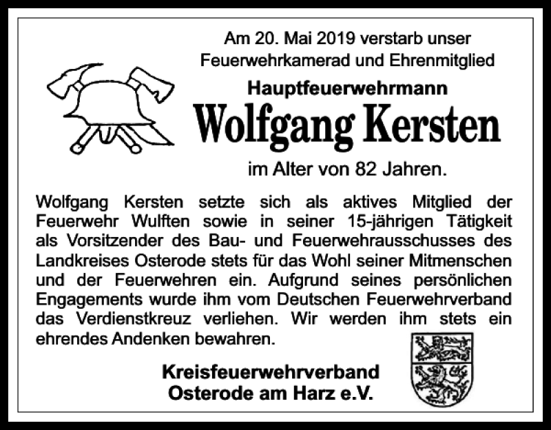 Traueranzeigen von Wolfgang Kersten | Harztrauer.de