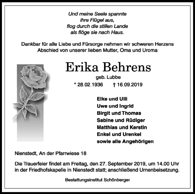 Traueranzeigen von Erika Behrens | Harztrauer.de