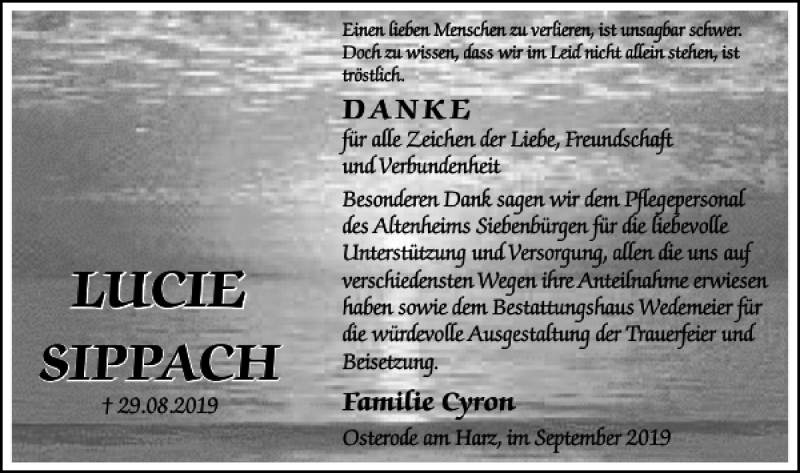 Traueranzeigen von LUCIE SIPPACH | Harztrauer.de