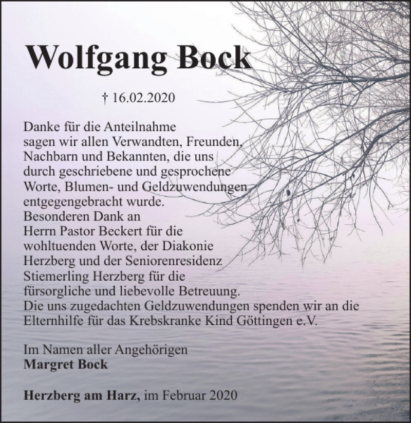 Traueranzeigen von Wolfgang Bock | Harztrauer.de