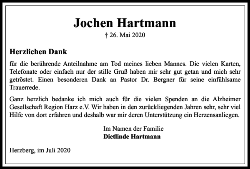 Traueranzeigen von Jochen Hartmann | Harztrauer.de