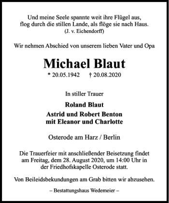 Traueranzeigen von Michael Blaut | Harztrauer.de