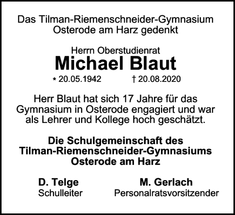 Traueranzeigen von Michael Blaut | Harztrauer.de
