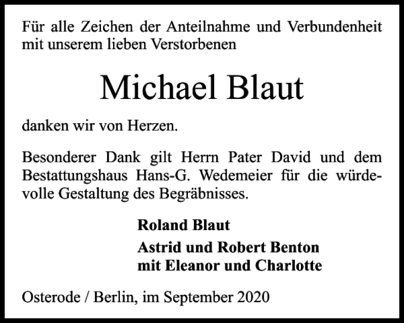 Traueranzeigen von Michael Blaut | Harztrauer.de