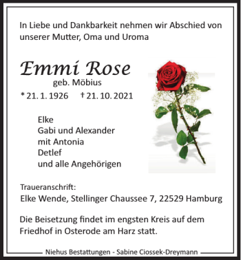 Traueranzeigen von Emmi Rose geb. Möbius | Harztrauer.de