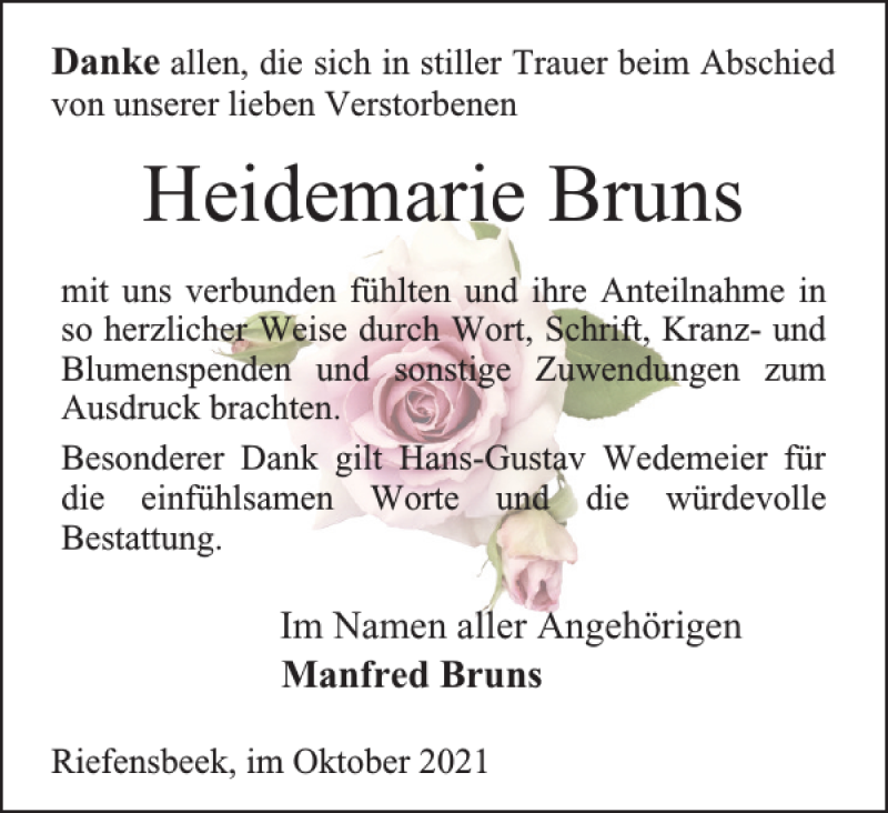 Traueranzeigen von Heidemarie Bruns | Harztrauer.de