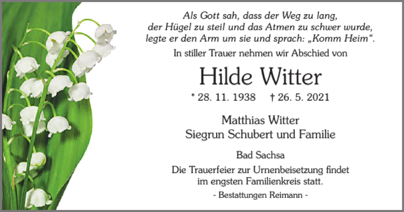 Traueranzeigen von Hilde Witter | Harztrauer.de