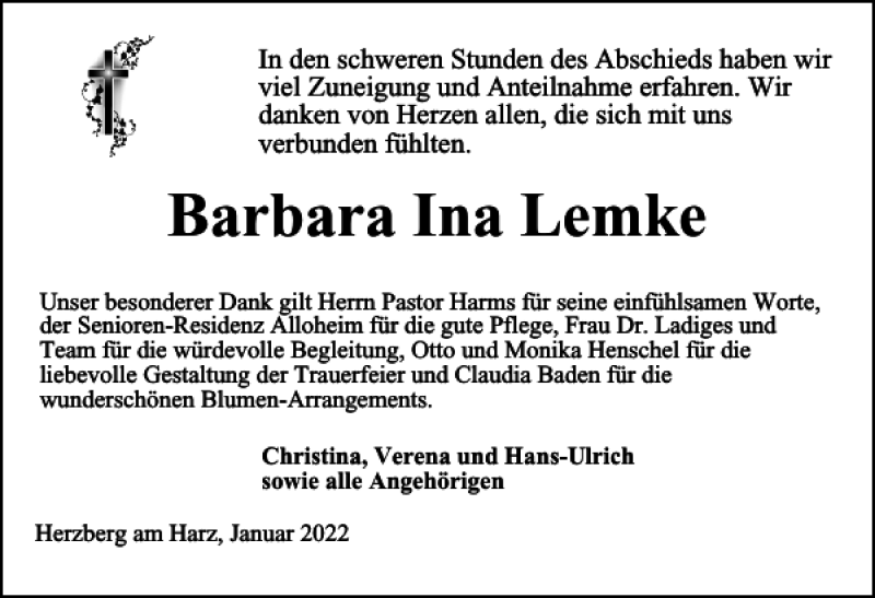 Traueranzeigen von Barbara Ina Lemke | Harztrauer.de