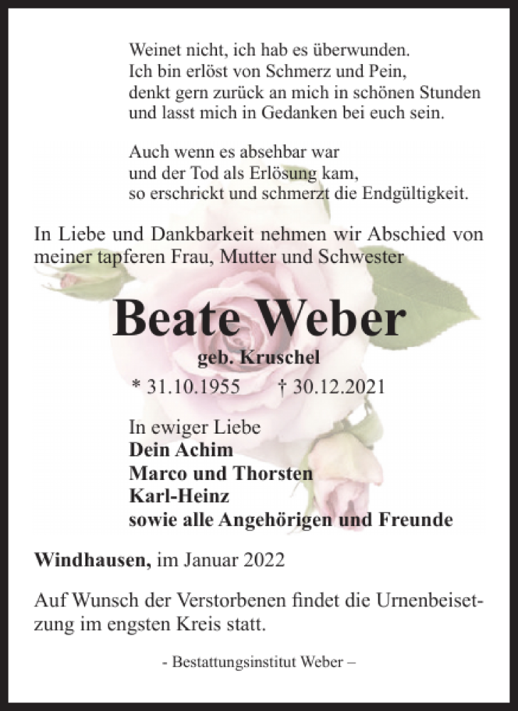 Traueranzeigen von Beate Weber | Harztrauer.de