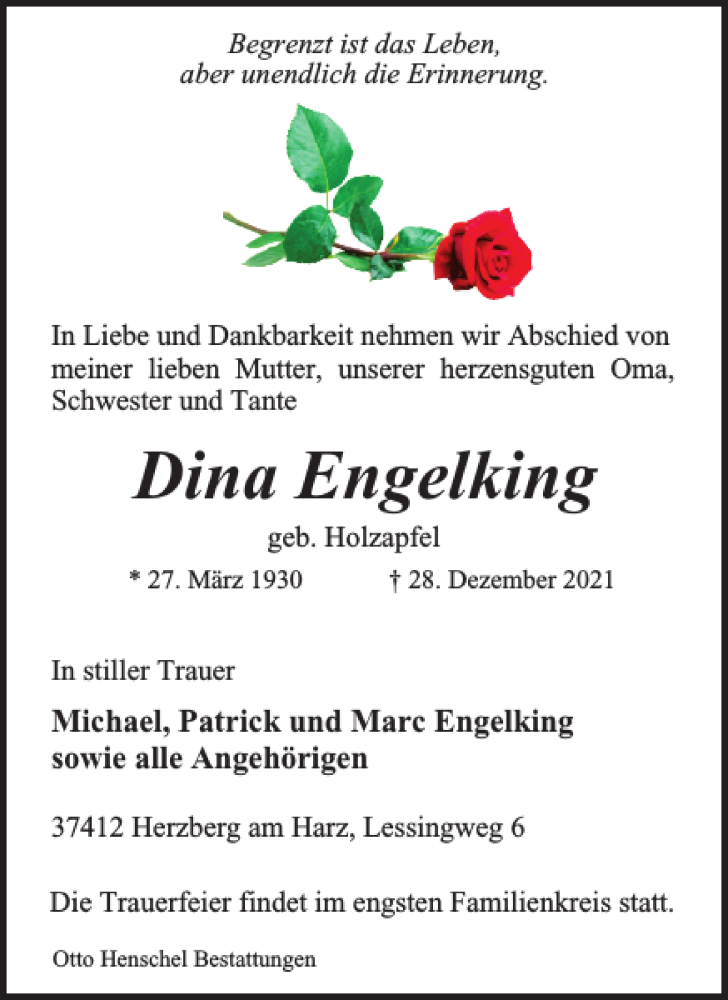 Traueranzeigen von Dina Engelking | Harztrauer.de