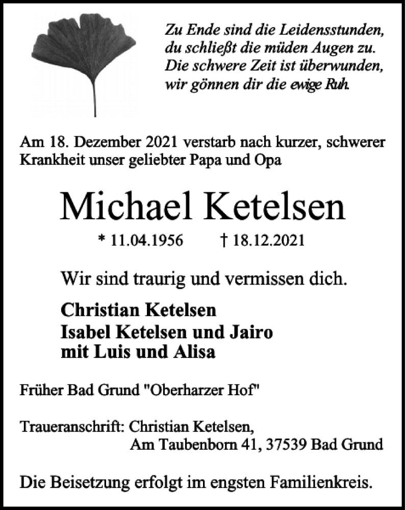Traueranzeigen von Michael Ketelsen | Harztrauer.de