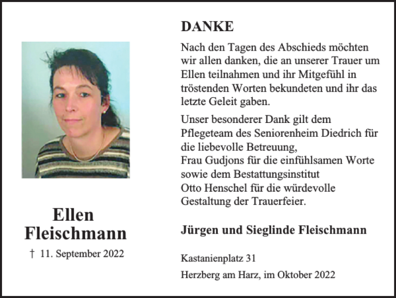 Traueranzeigen von Ellen Fleischmann | Harztrauer.de