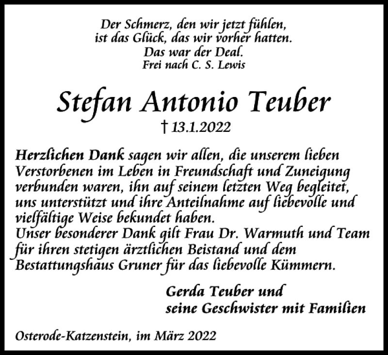 Traueranzeigen von Stefan Antonio Teuber | Harztrauer.de