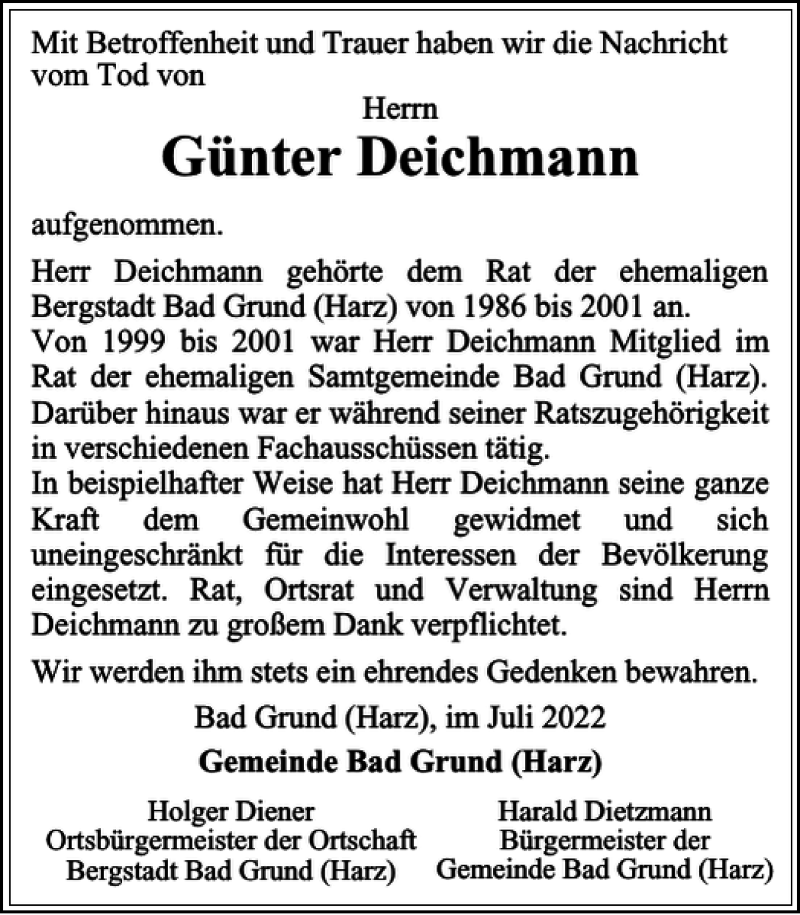 Traueranzeigen von Günter Deichmann | Harztrauer.de