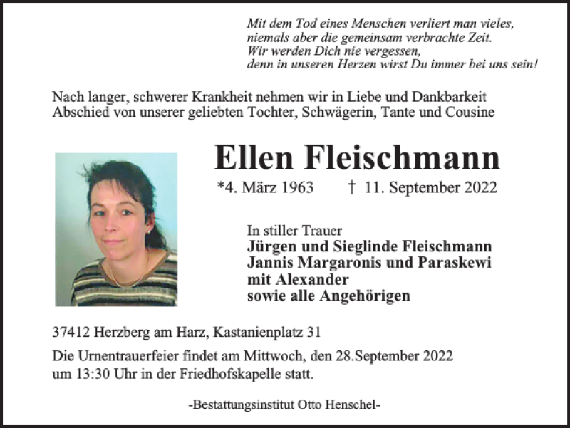 Traueranzeigen von Ellen Fleischmann | Harztrauer.de