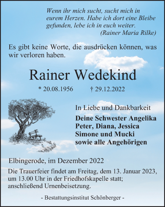 Traueranzeigen von Rainer Wedekind | Harztrauer.de