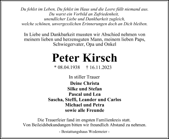 Traueranzeigen von Peter Kirsch | Harztrauer.de