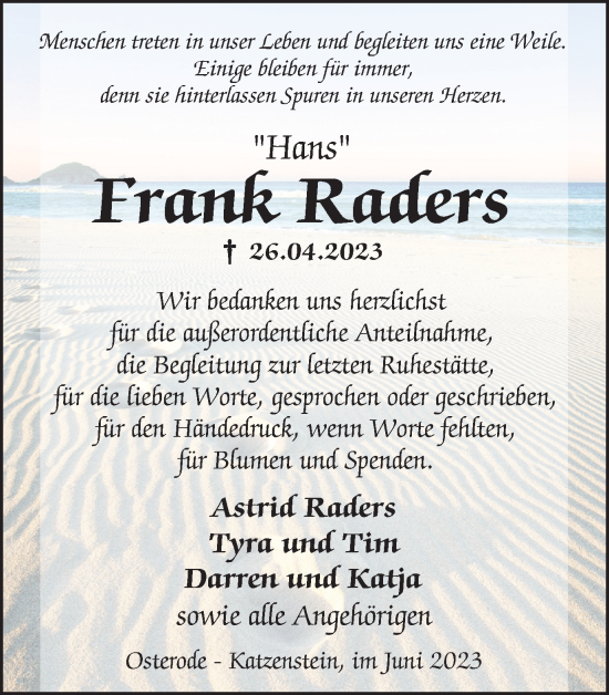 Traueranzeigen von Frank Raders | Harztrauer.de
