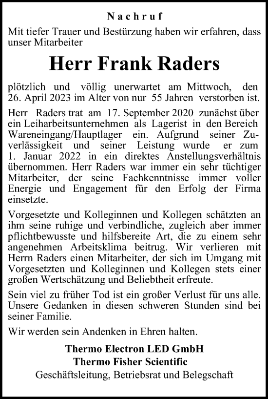 Traueranzeigen von Frank Raders | Harztrauer.de