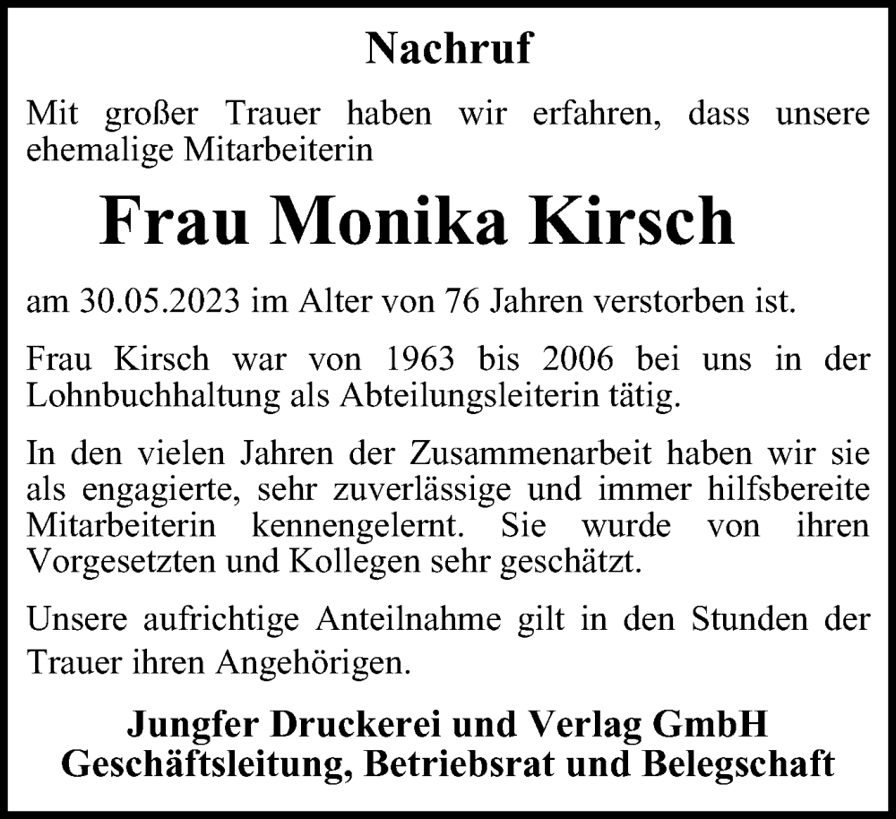 Traueranzeigen von Monika Kirsch | Harztrauer.de