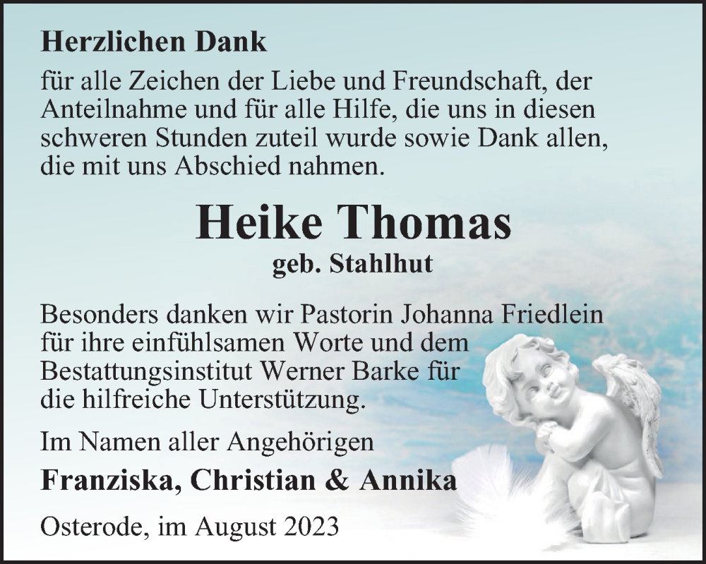Traueranzeigen von Heike Thomas | Harztrauer.de