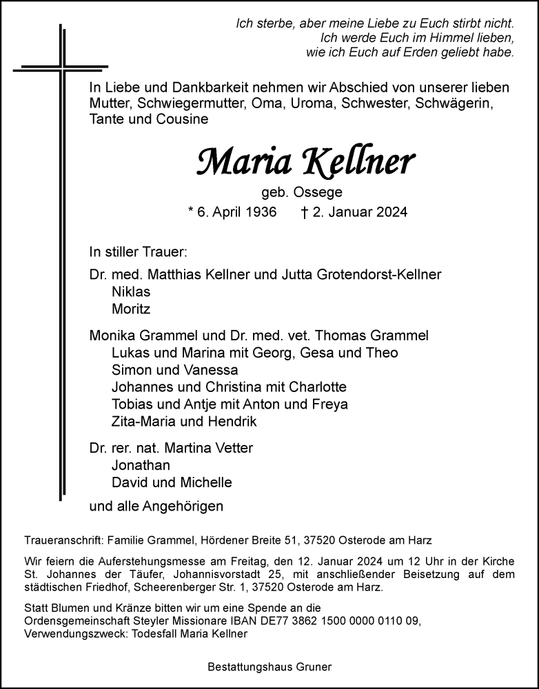 Traueranzeigen von Maria Kellner | Harztrauer.de