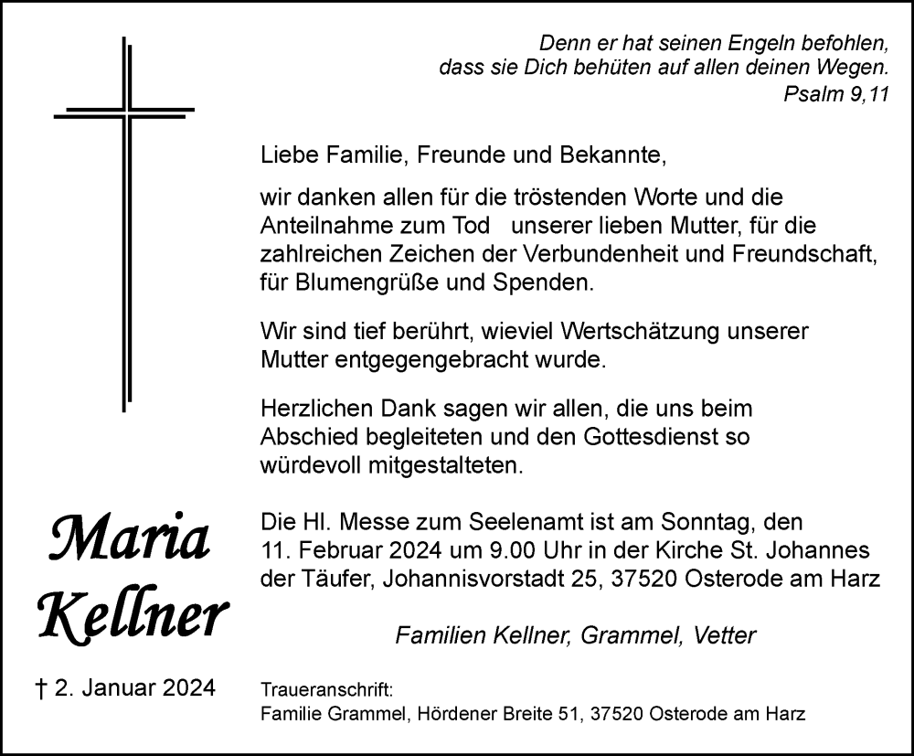 Traueranzeigen von Maria Kellner | Harztrauer.de