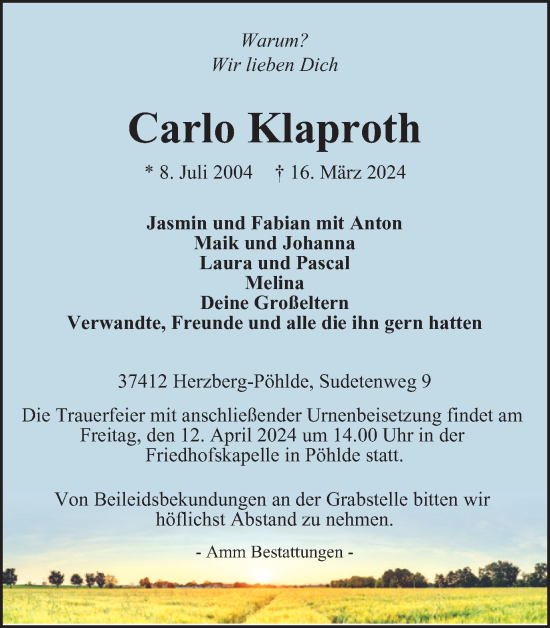Traueranzeigen von Carlo Klaproth | Harztrauer.de
