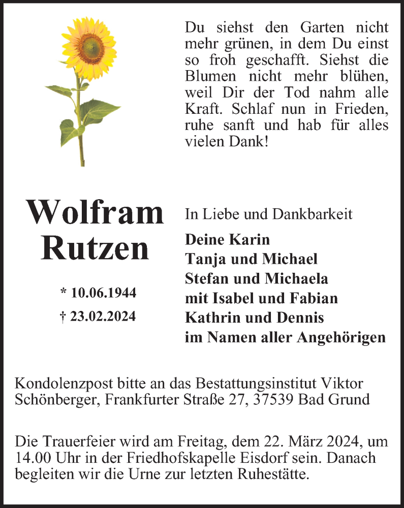 Traueranzeigen von Wolfram Rutzen | Harztrauer.de