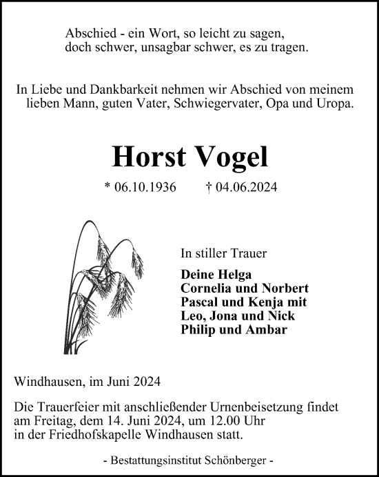 Traueranzeigen von Horst Vogel | Harztrauer.de